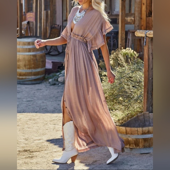Dresses | New Boho Flowy Gauze Cover Up Maxi Dress Button Front Beige ...